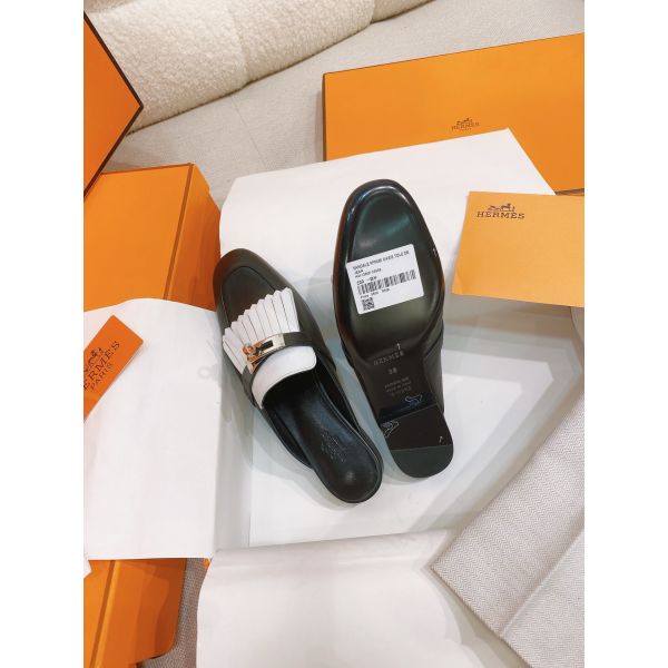 Replica Hermes Women's Oz Mules with Fringed in Black/White Replica Hermes Women's Oz Mules with Fringed in Black/White